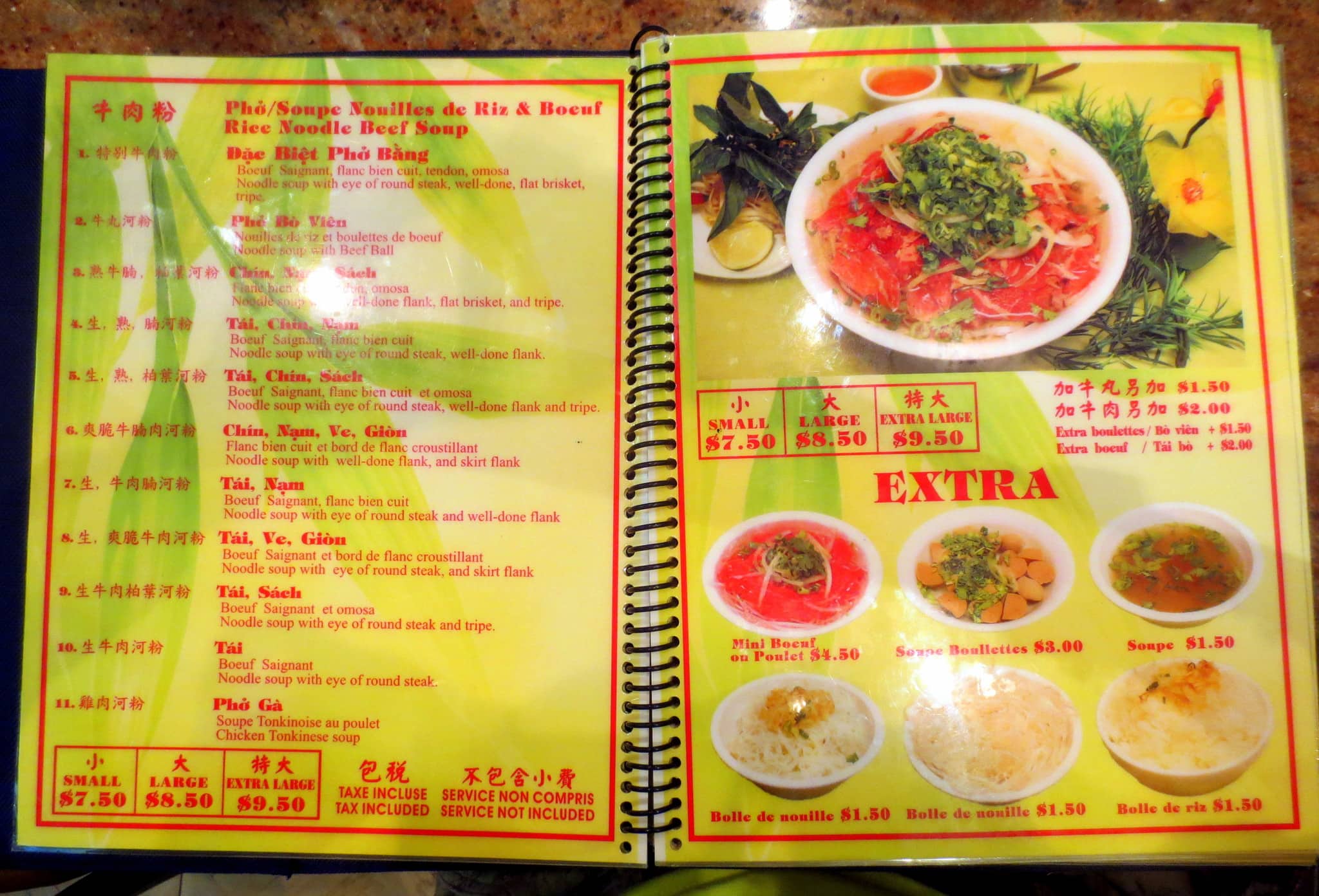 Menu at Pho Bang New York restaurant, Montreal