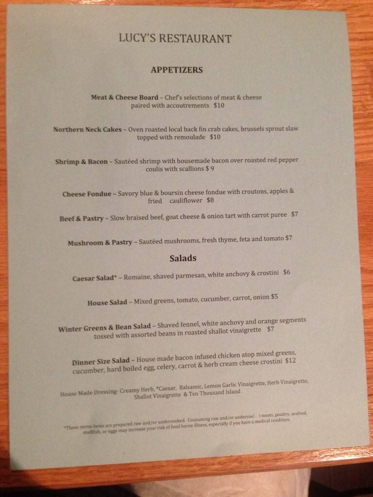 Menu at Lucy's restaurant, Richmond