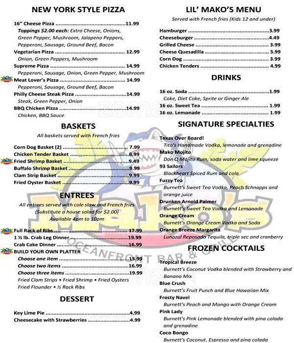 Menu at Mako's Oceanfront restaurant, Myrtle Beach