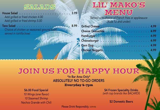 Menu at Mako's Oceanfront restaurant, Myrtle Beach