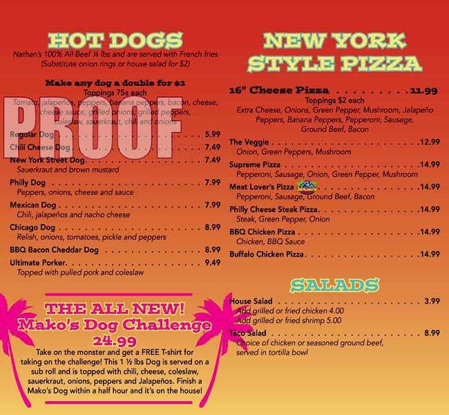 Menu at Mako's Oceanfront restaurant, Myrtle Beach