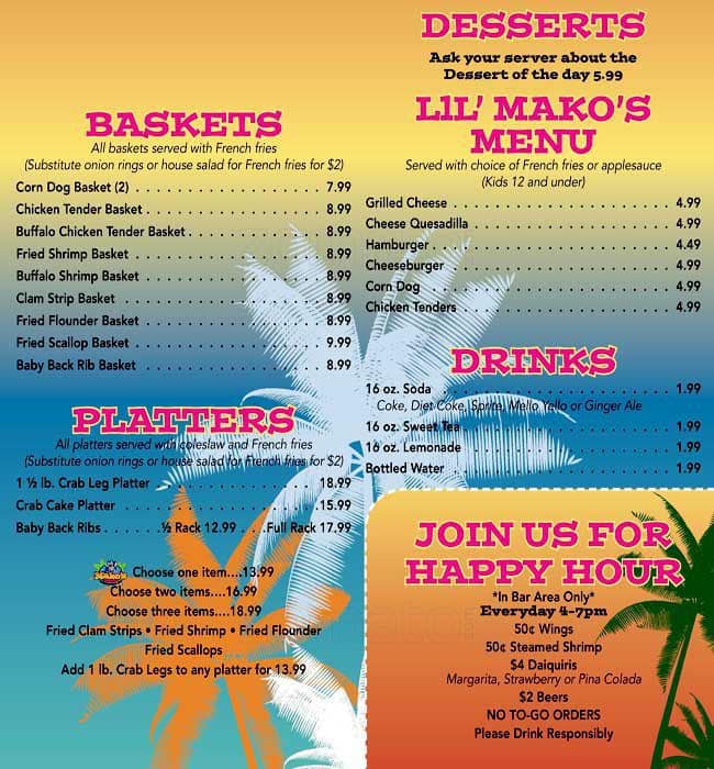 Menu at Mako's Oceanfront restaurant, Myrtle Beach