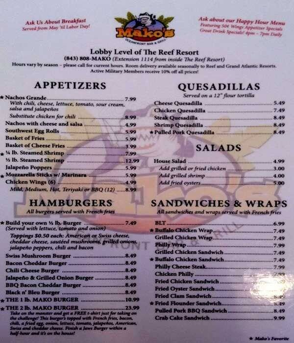 Menu at Mako's Oceanfront restaurant, Myrtle Beach