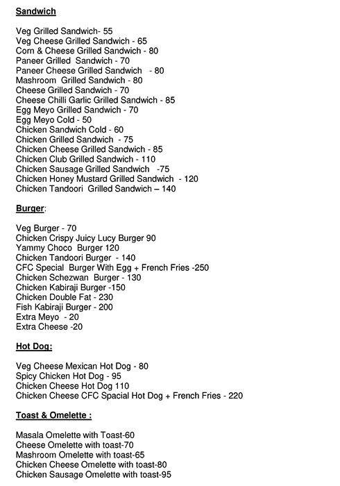 Menu at CFC, Kolkata, 76/1