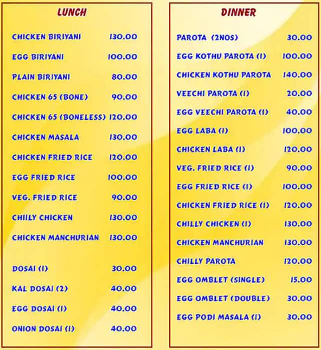 Menu of Sri Pandian Hotel, Ambattur, Chennai