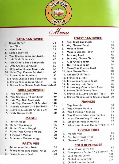Menu of Sandwich Factory, Marol, Mumbai