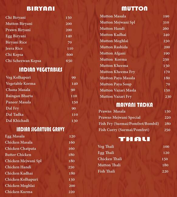 Menu at Hotel Mejwani, Mumbai