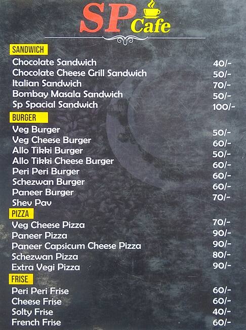 Menu of SP Cafe, Shaniwar Peth, Pune