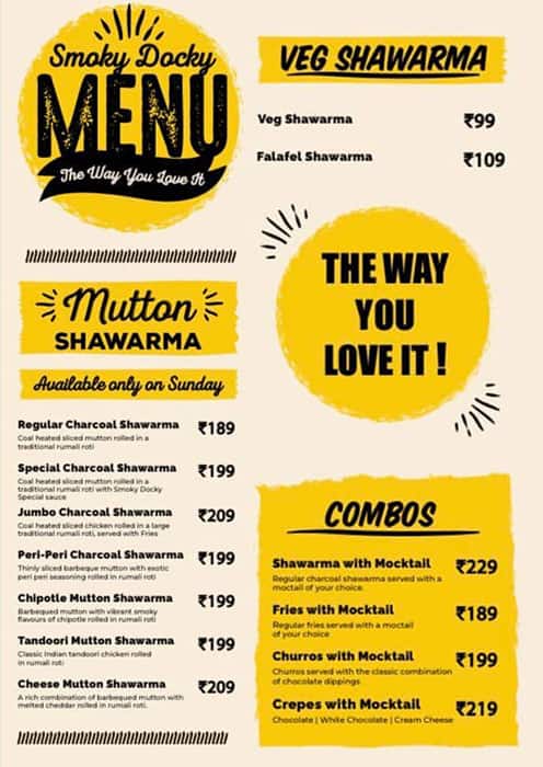 Menu of Smoky Docky, Sanjay Nagar, Bangalore