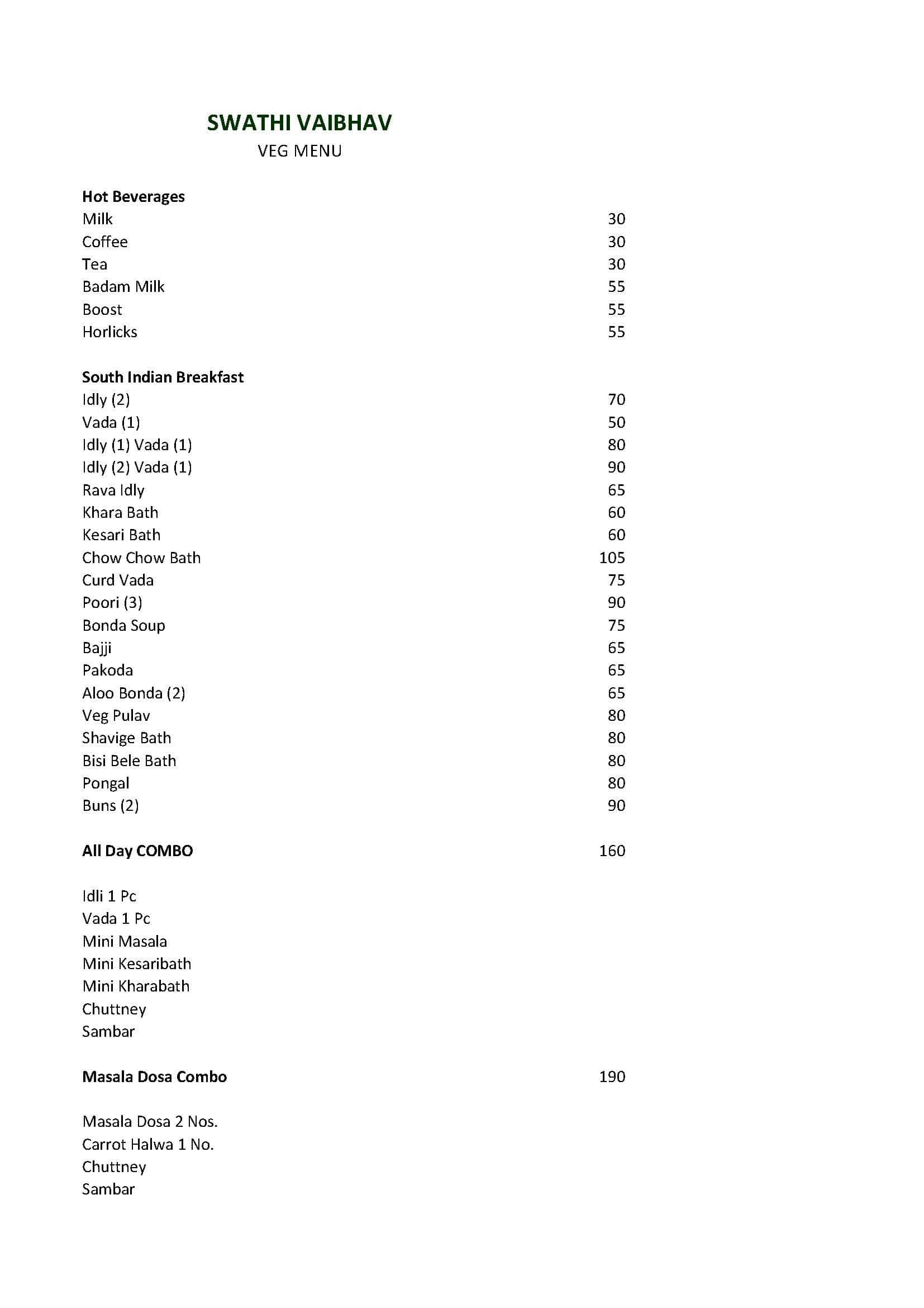 Menu of Swathi Vaibhav, Yelahanka, Bangalore