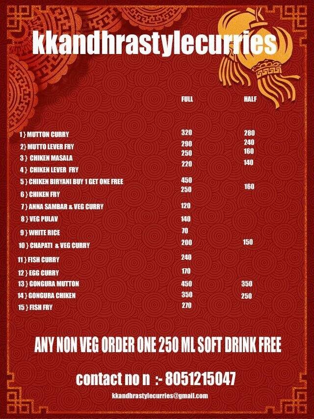 Menu of KK Andhra Style Curries, KR Puram, Bangalore