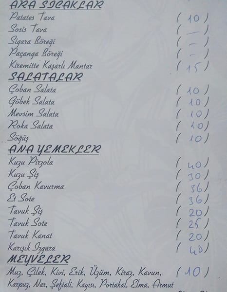 Menu at Ziya Türküevi, Istanbul