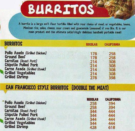 Menu at Mexicali restaurant, Pasay, SM Mall of Asia