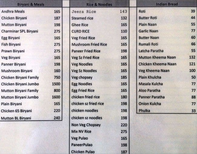 Menu at Charminar, Chennai, 573/27