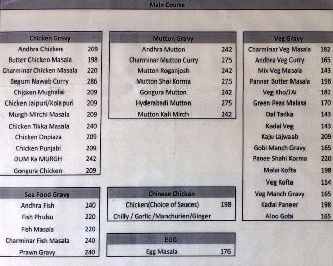 Menu at Charminar, Chennai, 573/27