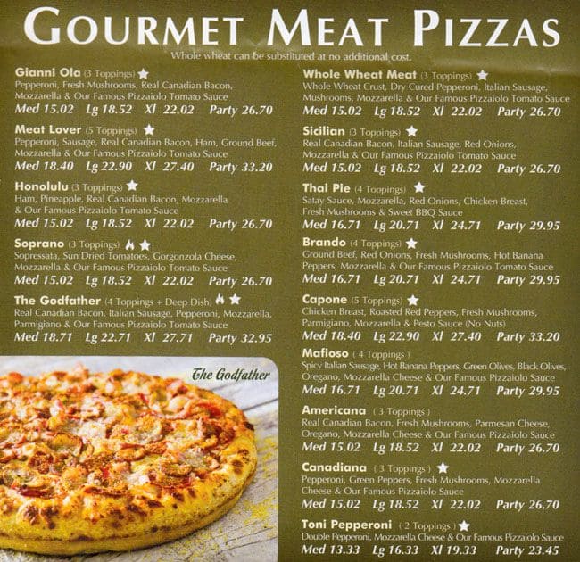 Carta de pizzería Pizzaiolo, Toronto, 521 King St W