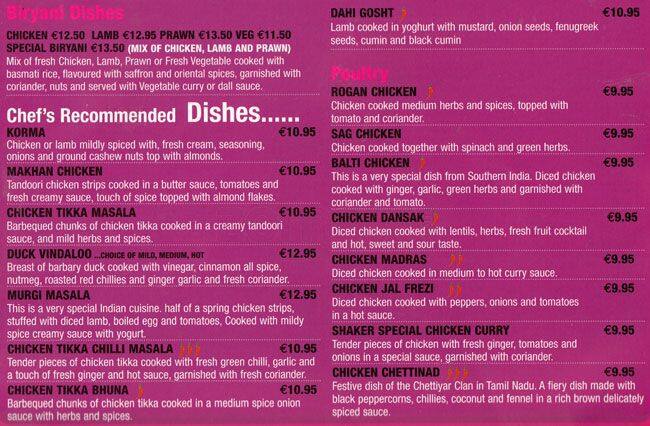 Menu at Chilli Shaker restaurant, Swords
