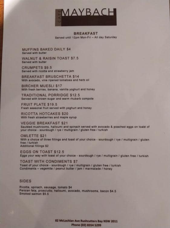Menu at Cafe Maybach, Sydney