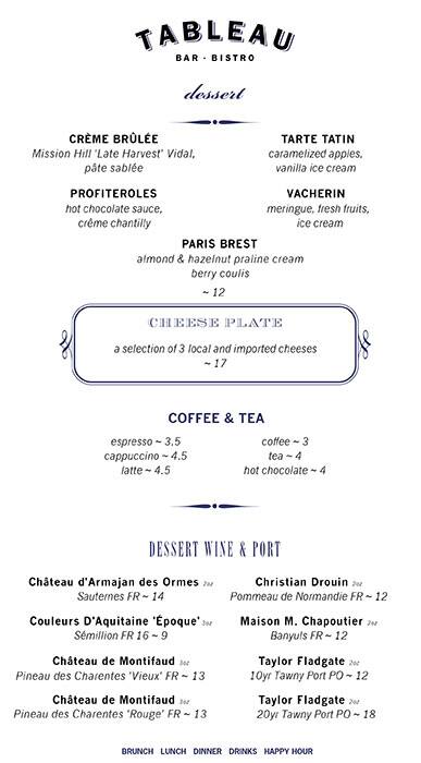 Menu at Tableau Bar Bistro, Vancouver