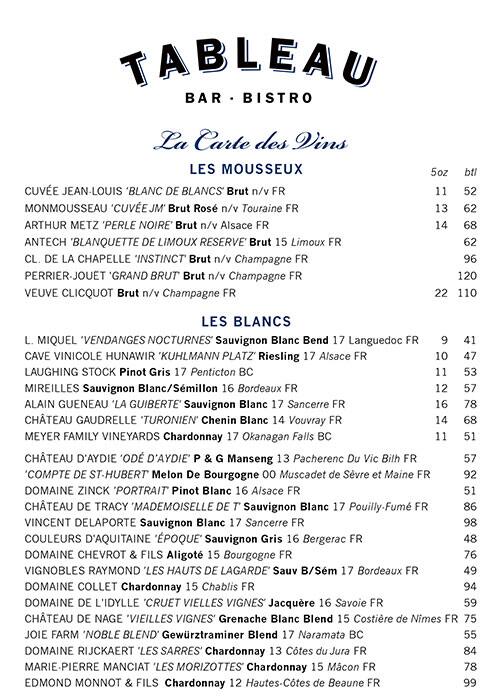 Menu at Tableau Bar Bistro, Vancouver