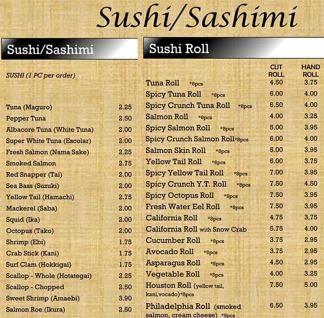 Menu at Atami restaurant, Houston