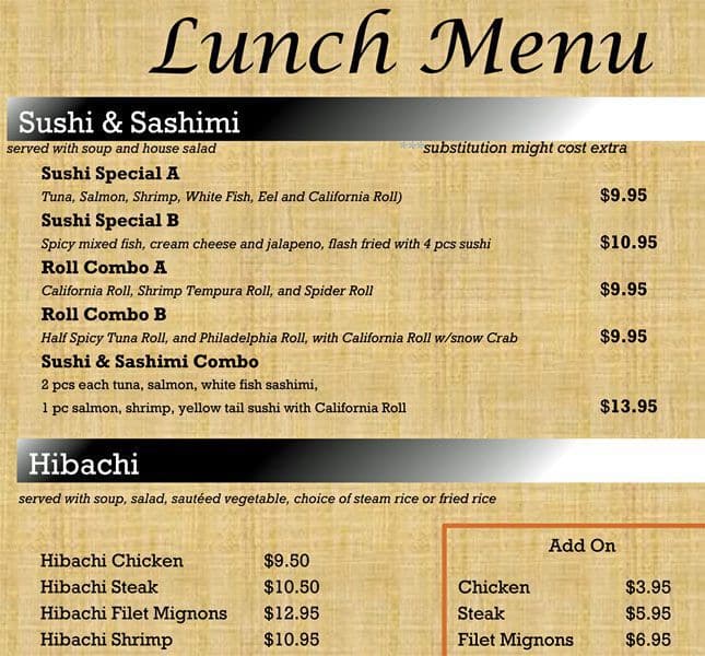 Menu at Atami restaurant, Houston