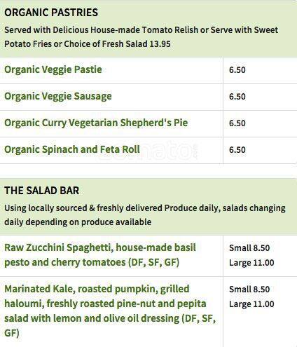 Menu at Garden of Eden cafe, Coolangatta
