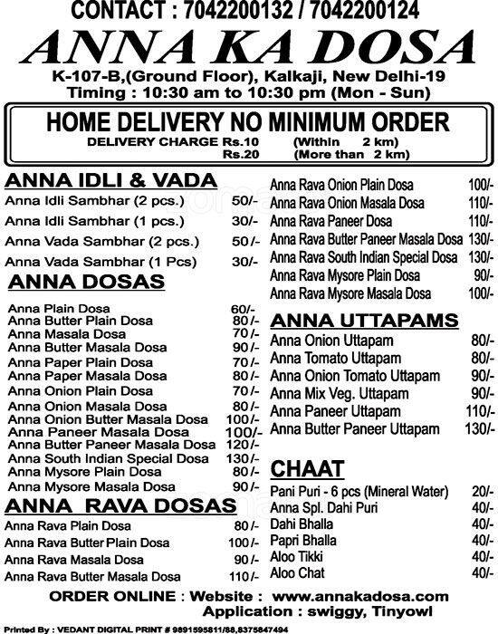 Anna Ka Dosa menu, Menu restauracji Anna Ka Dosa, Kalkaji, New Delhi ...