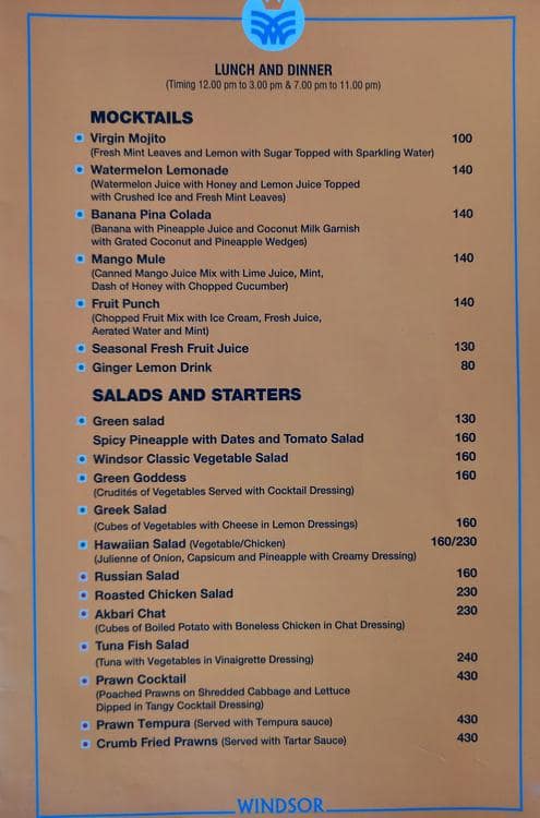Menu of Windsor Rajadhani, Ambalamukku, Trivandrum