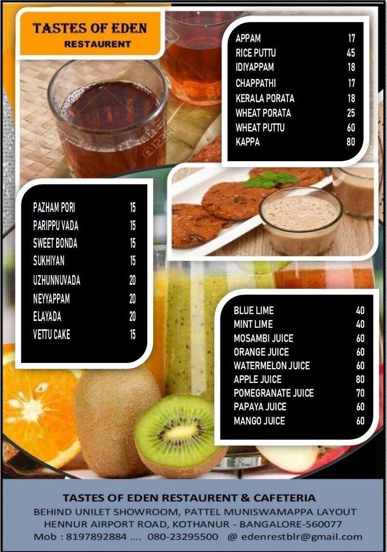 Menu at Tastes of Eden Restaurant and Cafeteria Bakery Catering ...