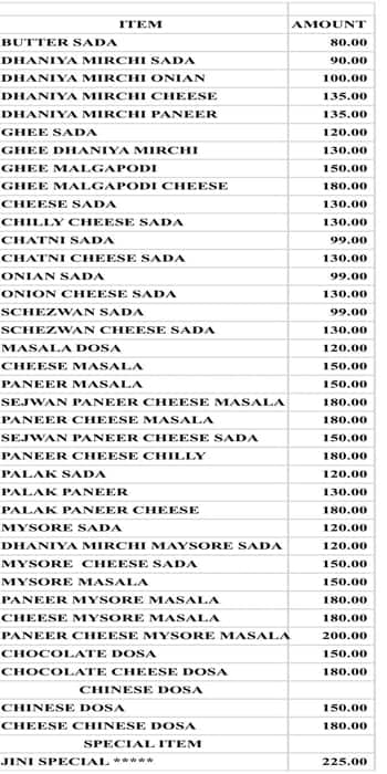 Menu of Narayan Dosa, Breach Candy, Mumbai