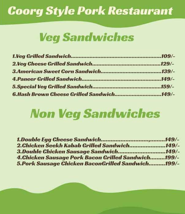 Menu of Coorg Style Pork Restaurant, BTM, Bangalore