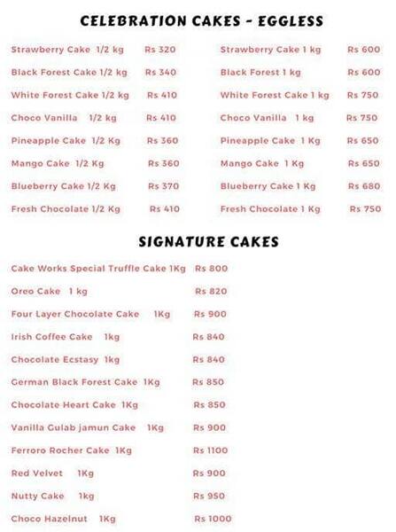 Menu of Cake Works, Chromepet, Chennai Menu of Cake Works, Chromepet, Chennai