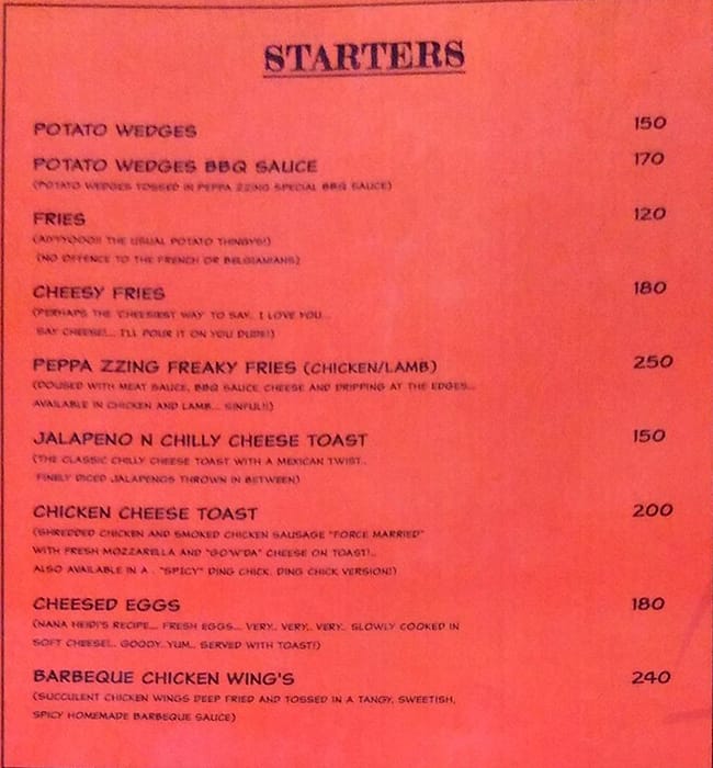 Menu at Peppa Zzing, Bengaluru, 1