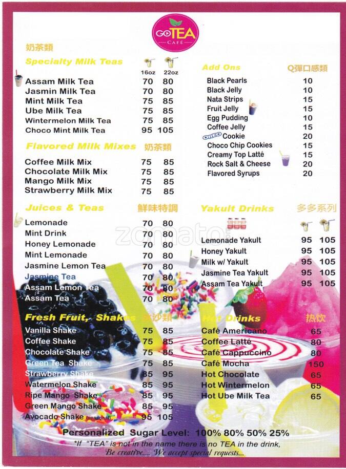 Menu at Go Tea Cafe, Makati