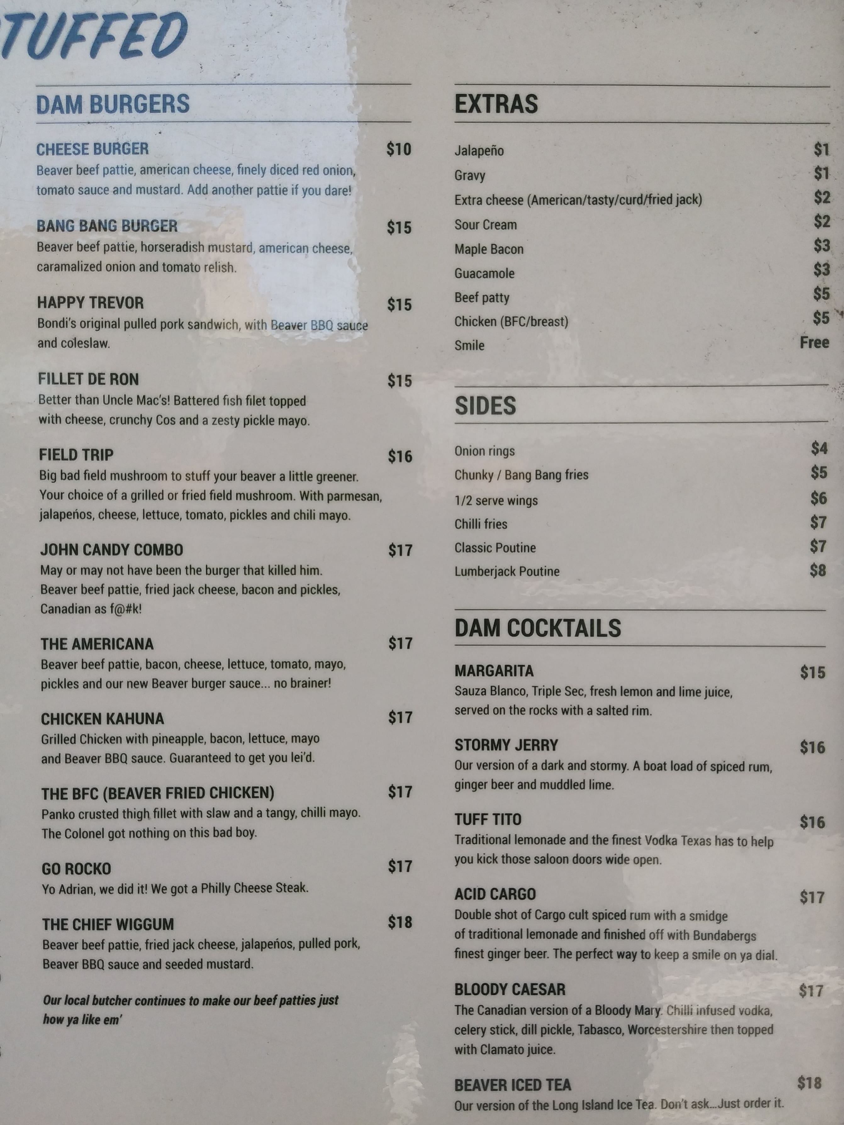 Menu at The Stuffed Beaver pub & bar, Bondi