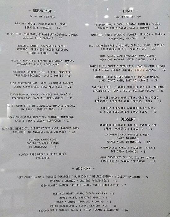 Menu at Grain Store cafe, Melbourne
