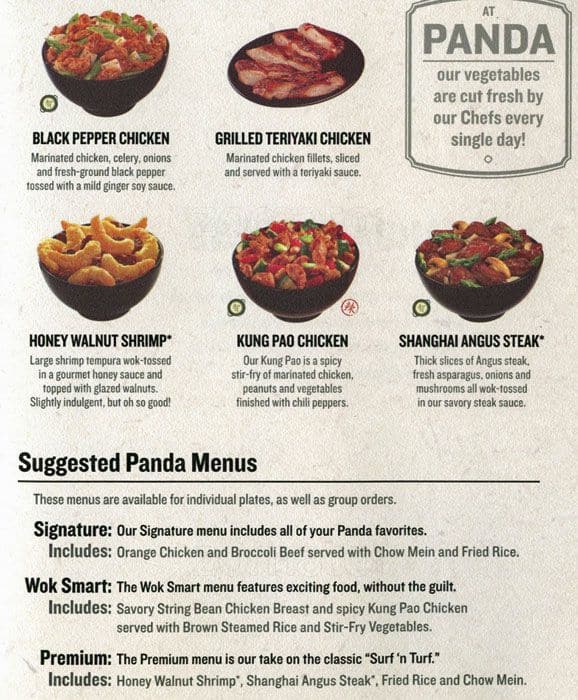 Menu at Panda Express fast food, Tacoma, 6th Ave