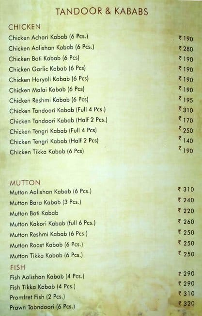 Aalishan Restaurant Menu, Menu for Aalishan Restaurant, Esplanade ...