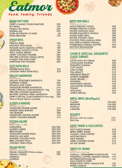 Menu of Ohri's Eatmor, Banjara Hills, Hyderabad