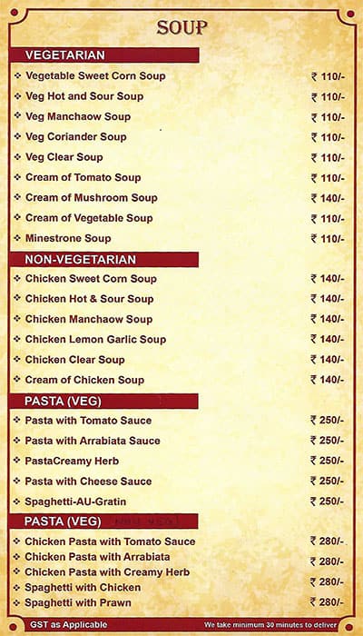Menu at Temptation - Hotel Royal Heritage, Guwahati