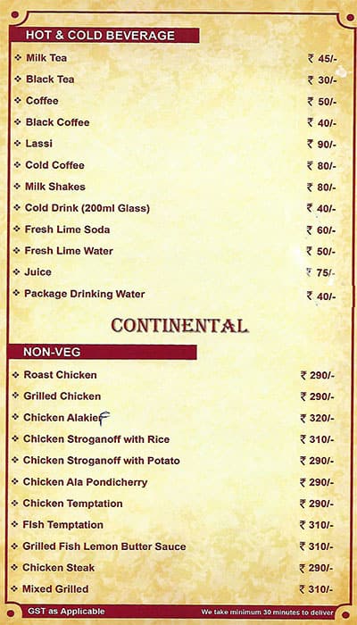 Menu at Temptation - Hotel Royal Heritage, Guwahati