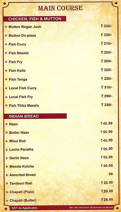 Menu at Temptation - Hotel Royal Heritage, Guwahati