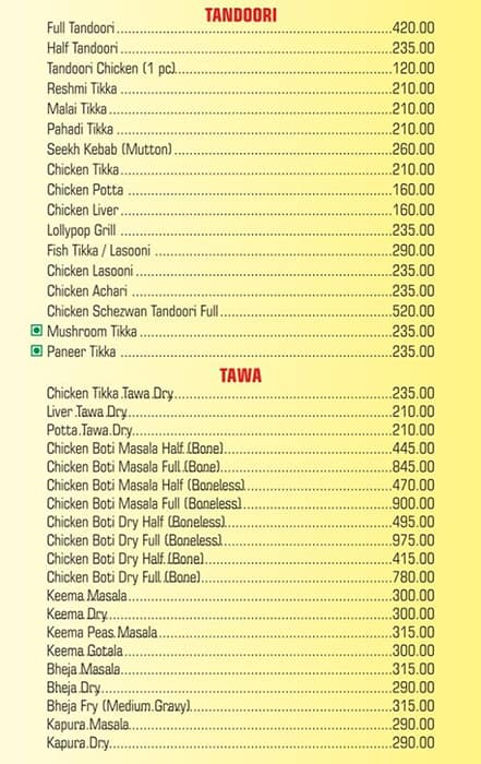 Menu at Tinku's Tandoorwala, Mumbai