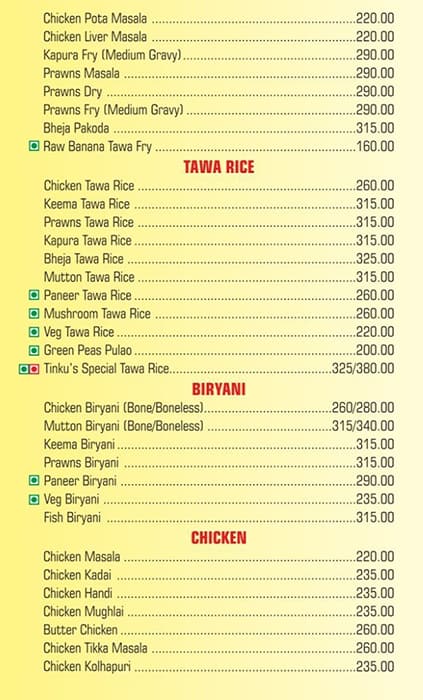 Menu at Tinku's Tandoorwala, Mumbai