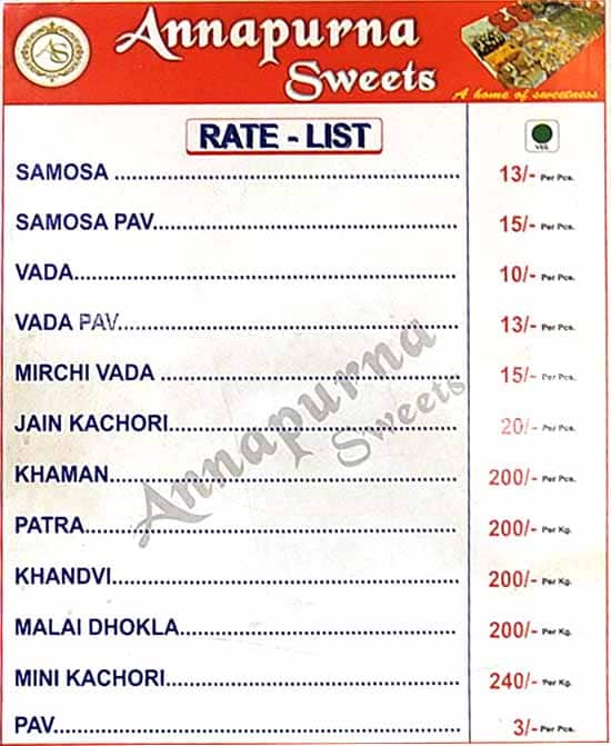 Menu of Annapurna Sweets, Bhayandar, Mumbai
