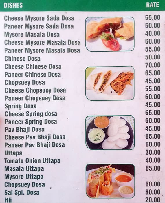 Menu of Sainath Dosa Corner, Goregaon East, Mumbai