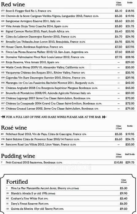 Menu at The Boot & Flogger pub & bar, London