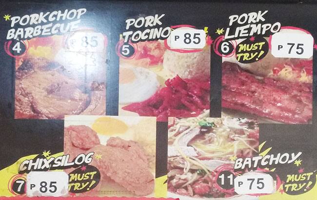 Menu at The Original Sinangag Express restaurant, Makati