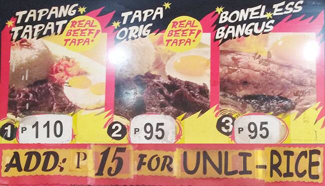 Menu at The Original Sinangag Express restaurant, Makati